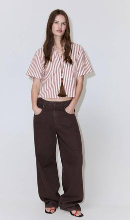 Mango Chemise coton et lin &agrave; rayures grenat - Femme - XXS - MANGO