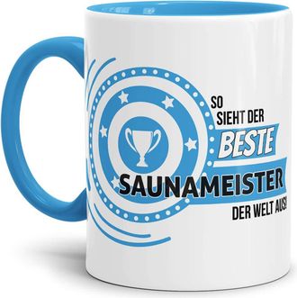 Tassendruck Berufe-TasseSo Sieht der Beste Saunameister aus Innen & Henkel Hellblau/Job/Tasse mit Spruch/Kollegen/Arbeit/Fun/Mug/Cup/Geschenk/Beste Qualit&auml;t - 25 