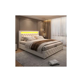 Liberte Libert&eacute; - Lit rembourr&eacute; 140 x 200 cm, avec sommier &agrave; lattes et espace de rangement, &eacute;clairage led, blanc pu