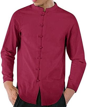 Generic Chemise &agrave; manches longues en lin et coton pour homme - Chemise d&eacute;contract&eacute;e en lin tendance - Chemise traditionnelle de couleur unie - Chemise ajust&eacute;e