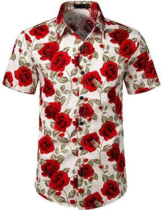 JOGAL Chemise hawaïenne à manches courtes, en coton, pour hommes, M