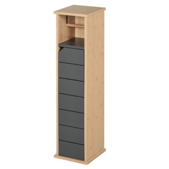 HOMCOM Badezimmerschrank mit höhenverstellbarem Regal Badmöbel mit Tür Toilettenpapier Handtuchhalter versteckter Griff MDF Bambus Braun+Grau 18 x 18 x 75 cm