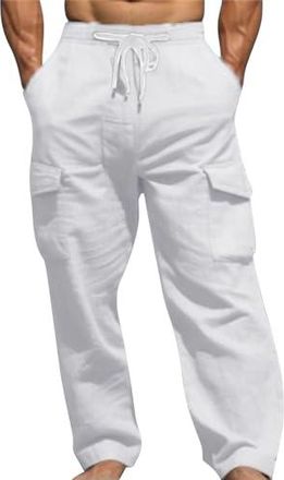 Generic Pantalon baggy en coton et lin pour homme, couleur unie, multi-poches, tube droit, couleur unie, confortable, respirant, pantalon classique, blanc, 5X