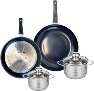 Fackelmann ELO 9738150 Batterie de cuisine 4 pièces, Ensemble de 2 Poêles de cuisson 28 et 32 cm et 2 faitouts 14 et 16 cm Elo Prima Brillant, inox, induction