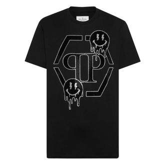 Philipp Plein Homme, Tops, Noir, Taille: 2XL T-Shirt Col Rond Smile