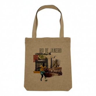 Fabulous Sac Shopping Tote Bag Aspect Lin - Rio de Janeiro Vintage Collage Br&eacute;sil Voyage Foot Carnaval - Sac de Courses Toile Epaisse 360g Beige Naturel Cabas 