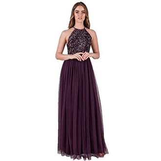 Maya Maya Berry Embellished Halter Neck Maxi Dress Robe de Demoiselle dhonneur, berry, 46