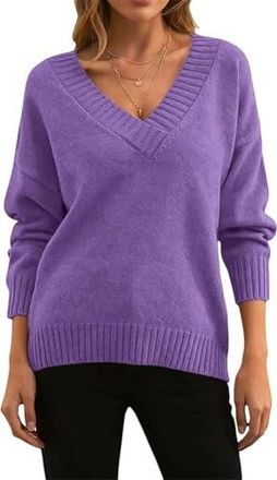 Generic Pull court à manches longues raglan double face et col en V pour femme, pull court dautomne uni décontracté en tricot, violet, 5XL