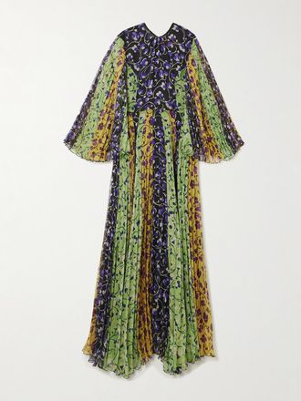 La DoubleJ Angel Maxikleid Aus Plissiertem Bedrucktem Chiffon - Gr&uuml;n