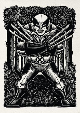 Komar Wandbild- Marvel Wolverine Lino-Cut - Gr&ouml;&szlig;e 50 x 70 cm - Poster, Kinderzimmer, Dekoration - gerollt ohne Rahmen, Schwarz-Wei&szlig;