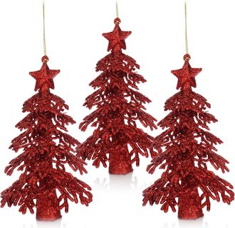 Com-Four 3X Christbaumschmuck - glitzernde Hängedekoration - Weihnachtsbaum zum Hinstellen oder Aufhängen - Tanne aus Kunststoff - Weihnachtsbaumanhänger - 16 