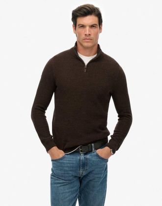 Superdry Pullover aus strukturierter Baumwolle in Dunkelbraun und Schwarz mit halblangem Rei&szlig;verschluss-Brown