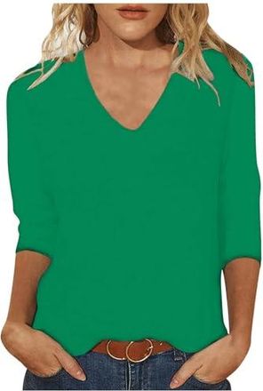 Generic Chemisier uni à manches courtes pour femme - Col en V - Manches 3/4 - Haut ample décontracté - Tenue pour la vie quotidienne - Cadeau de Noël, Vert, M