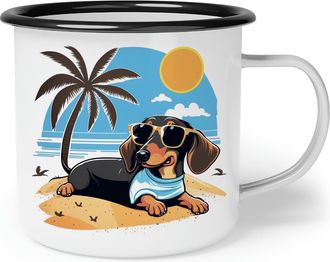 OM3 süße Emaille-Tasse mit Dackel am Strand Hundemotiv Hund Dog - Retro Emailletasse Emaille Becher - 12oz 300ml - Beidseitig Bedruckt - Weiß-Schwarz
