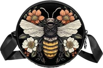 Generic Petit sac &agrave; bandouli&egrave;re rond pour femme, motif abeille, avec fermeture &eacute;clair, bretelles r&eacute;glables, style d&eacute;contract&eacute;, pour femmes et filles