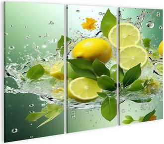 Islandburner Bild auf Leinwand Zitronen Minzwasser spritzt Tropfen Küchenbild für Küche Bilder Wandbilder Poster