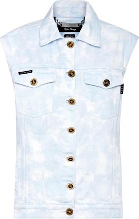 Philipp Plein Femme, Vestes, Bleu, Taille: 40 FR Gilet en denim effet d&eacute;lav&eacute;