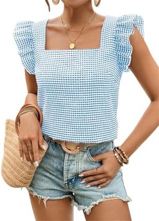 Generic Chemisier imprim&eacute; vichy pour femme - Col carr&eacute; - Manches courtes - Style d&eacute;contract&eacute; - Printemps et &eacute;t&eacute;, bleu, XL