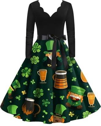 Generic Générique Robe De Soiree Femme,Robe Medievale Femme Robe Classique Vintage Pour Femmes Manches Longues Imprimé De La Saint Patrick Col En V Robe Trapè