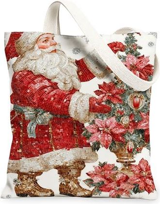 Generic Sacs fourre-tout en toile &agrave; motif floral de No&euml;l, sacs d&eacute;picerie r&eacute;utilisables, l&eacute;gers et lavables avec bandouli&egrave;re pour, Rouge, 13x15 Inch