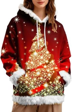 Generic Sweat à capuche de Noël à manches longues pour femme - Pull de Noël avec bordure en V - Imprimé graphique de Noël à manches longues - Pull de vacances