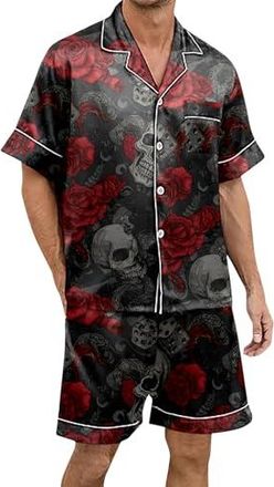 Generic 2025 Pyjama Halloween Homme avec Chemise Boutonnée Et Short - Ensemble Pyjamas Décontracté 2 Pièces - Taille Haute - Pyjama Doux