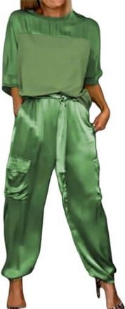 Generic Ensemble Haut et Pantalon en Satin Lisse pour Femme, Tenue Décontractée 2 Pièces, Jogging à Manches Courtes, Chic et Élégant