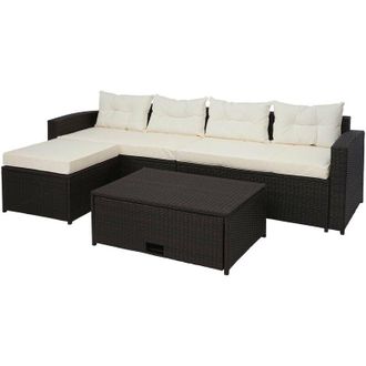 Hhg Poly-Rattan Garnitur 080, Balkon-/Garten-/Lounge-Set Sitzgruppe Sofa, Staufach braun, Kissen creme-beige