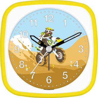 Eurotime 27154-03-Eurotime Kinder-Quarzwecker mit schleichender Sekunde, Motiv Motocross, Kunststoffgehäuse Weiss/gelb und Kunststoffabdeckung