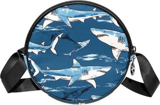 Generic Petit sac &agrave; bandouli&egrave;re rond rond pour femme, motif requins, avec fermeture &eacute;clair, bretelles r&eacute;glables, style d&eacute;contract&eacute;