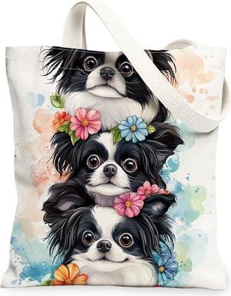 Generic Sac fourre-tout en toile motif chien japonais pour faire du shopping, 33 x 38,1 cm, sac d&eacute;picerie r&eacute;utilisable &agrave; motif floral pour femme, peinture dan