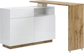 Vente-Unique Meuble de bar pivotant avec 2 portes, 1 tiroir et 1 niche en MDF - Blanc laqué et Naturel - ELDIR