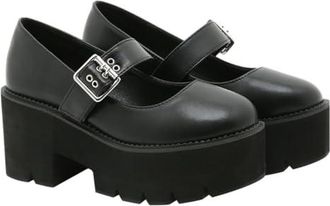 Yardwe Chaussures Femme Cuir Noir Bout Rond Semelle &Eacute;paisse Antid&eacute;rapante Style Metal Buckled Outdoor Mode