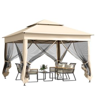 OUTSUNNY Tonnelle barnum automatique pop-up 3 x 3 m m&eacute;tal polyester imperm&eacute;abilis&eacute; anti UV moustiquaires sac transport beige