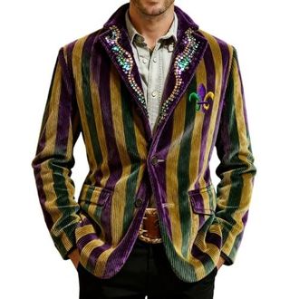 Generic Veste de costume pour homme en velours c&ocirc;tel&eacute; imprim&eacute; multicolore - Costume de carnaval - Motif Mardi Gras - Blazer - Tenue de f&ecirc;te - Vintage - Veste 