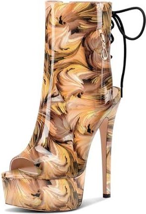 Castamere Femmes Aiguille Haut High Talon Heel Ouvert Bout Plate-forme Été Bottines Lacets Danse Party Dress Bottes 15 CM Heels Jaune Vortex 37 EU