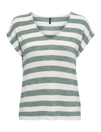 Only Damen Onllira Life S/S V-Neck Top JRS T-Shirt, Chinois Green/Stripes:Cloud Dancer, X-Large