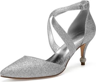 Generic Chaussures De Mariage Femme Bout Pointu Talon Haut Escarpins Sangle Croisée Stylet Talons Mariée Soirée Talons 7.5Cm,Argent,38 EU
