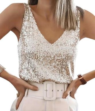 ORANDESIGNE Femme D&eacute;bardeur &agrave; Paillettes Sequin Brillant Top Sexy Col en V Tank Tops Camisole Top Soir&eacute;e Casual L&acirc;che Chemises sans Manches D&eacute;bardeur Soiree Bal D