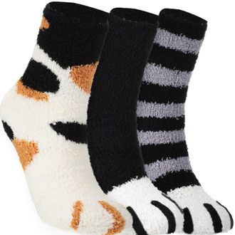 Satinior Katze Klaue Pfote Socken Schlaf Flauschige Gem&uuml;tlich Flaumig Slipper Winter Warme f&uuml;r Damen (3 Paare, Schwarz, Gestreift Schwarz, Wei&szlig;)