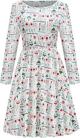 Generic Robe amincissante 2026 pour femme, motif arbre de No&euml;l, robe tendance, d&eacute;contract&eacute;e, manches longues, coupe ajust&eacute;e, taille, blanc, M