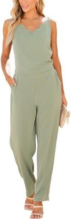 Cupshe Combinaison pour femme - Col en V - Sans manches - Jambes larges - Bretelles spaghetti - Combinaison dété ample - Pantalon long avec poches, vert, XL
