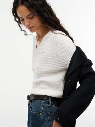 Tommy Hilfiger Strickpullover CO CABLE FINE GG V-NK LS SWT Baumwolle, mit Zopfmuster