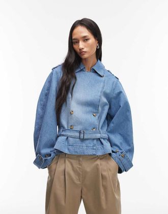 Asos Veste en jean courte et oversize style trench - Bleu moyen