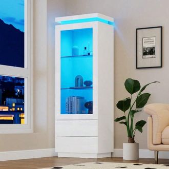 Generic Vitrinenschrank 60x40x171 cm in Wei&szlig; & Hochglanz - Mit LED-Beleuchtung, Glast&uuml;ren, Klappt&uuml;r & 2 Schubladen - Wohnzimmer Hochschrank & Standvitrine