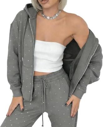 Generic Surv&ecirc;tement pour femme 2 ensembles strass fermeture &eacute;clair sweat &agrave; capuche pantalon baggy ensemble de surv&ecirc;tement pour femme, gris, 3XL