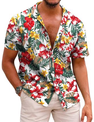Coofandy Hawaii Hemd M&auml;nner Baumwolle Sommer Hawaiihemd Herren Kurzarm Strand Party Herrenhemd Kurzarm Sommer Shirt A-Wei&szlig; 3XL