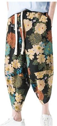Generic Pantalon de yoga décontracté à taille élastique en lin style ethnique floral carte large jambes ample grande taille sarouel pantalon de yoga épissé 20