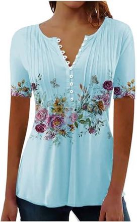Generic Tunique Henley &agrave; imprim&eacute; floral pour femme, manches courtes, pliss&eacute;e sur le devant, col en V, pour l&eacute;t&eacute;, le quotidien, le travail, les vacances | flui