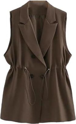 Generic Blazer d&eacute;contract&eacute; sans manches &agrave; revers pour femme Gilet &agrave; double boutonnage, kaki, XXL